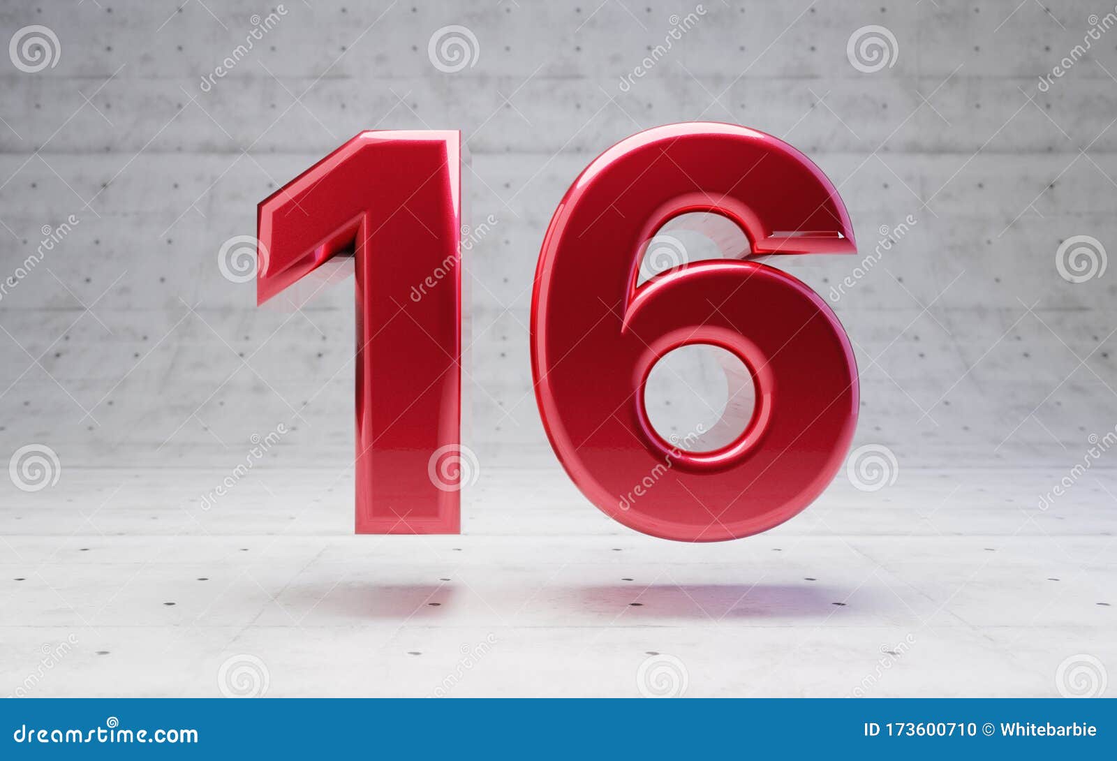Red Number 16. Metallic Red Color Digit Isolated On Concrete Background ...