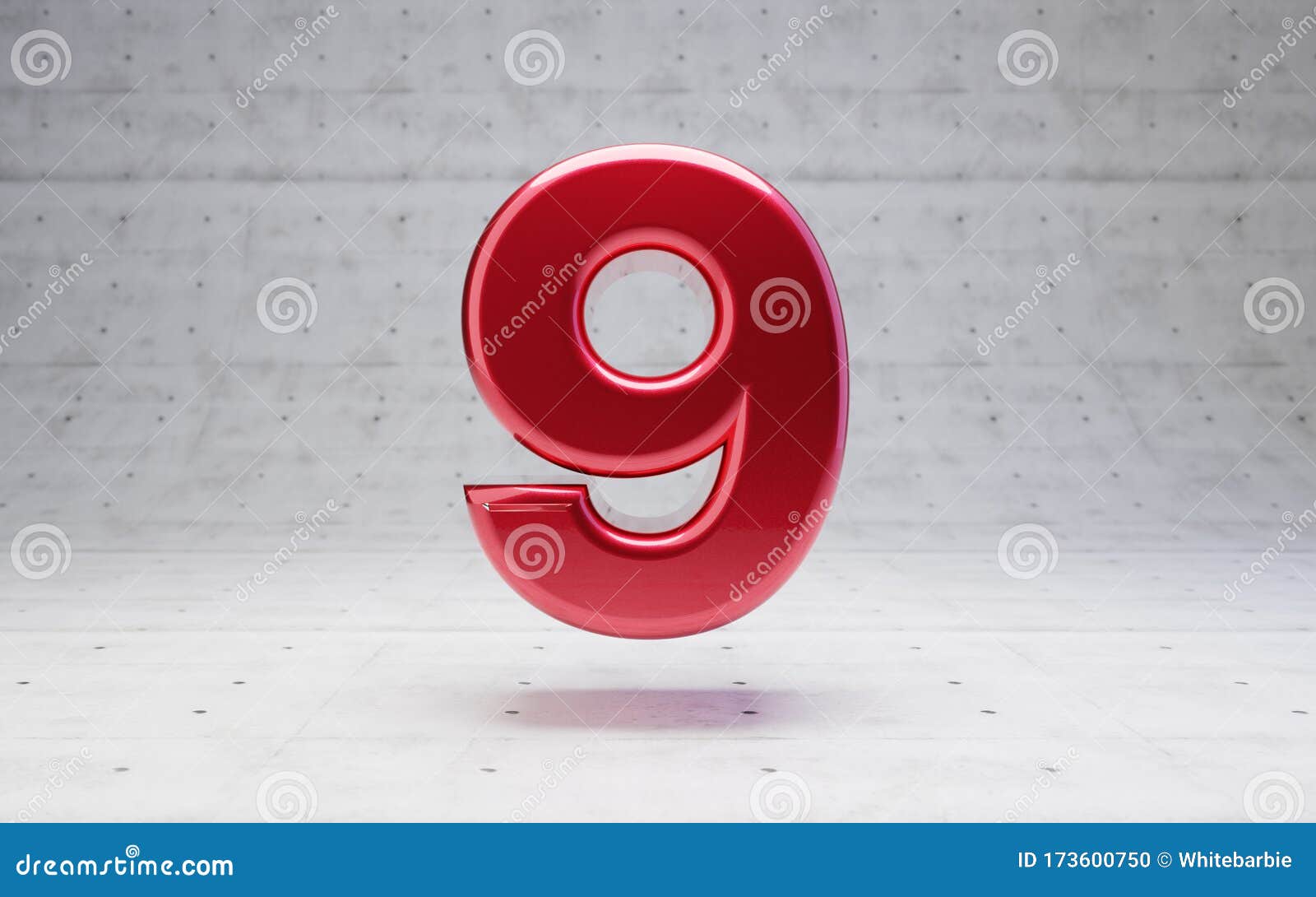 Red Number 9. Metallic Red Color Digit Isolated on Concrete Background ...