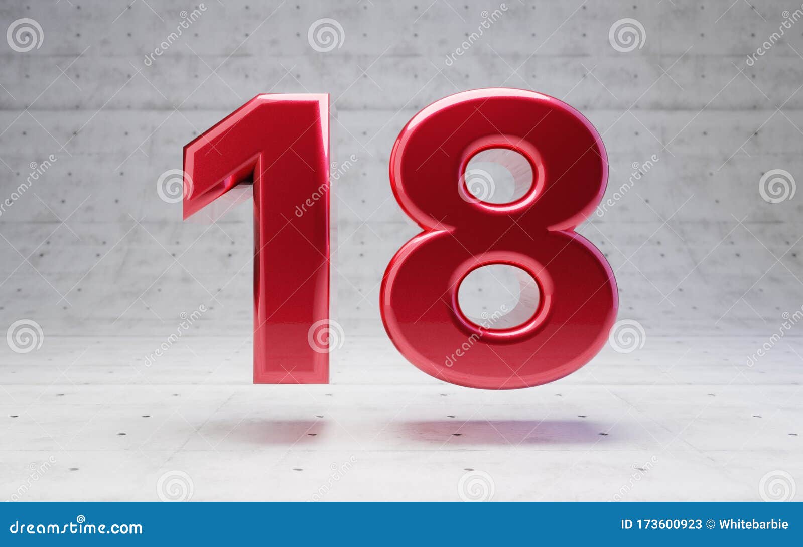Red Number 18. Metallic Red Color Digit Isolated on Concrete Background ...