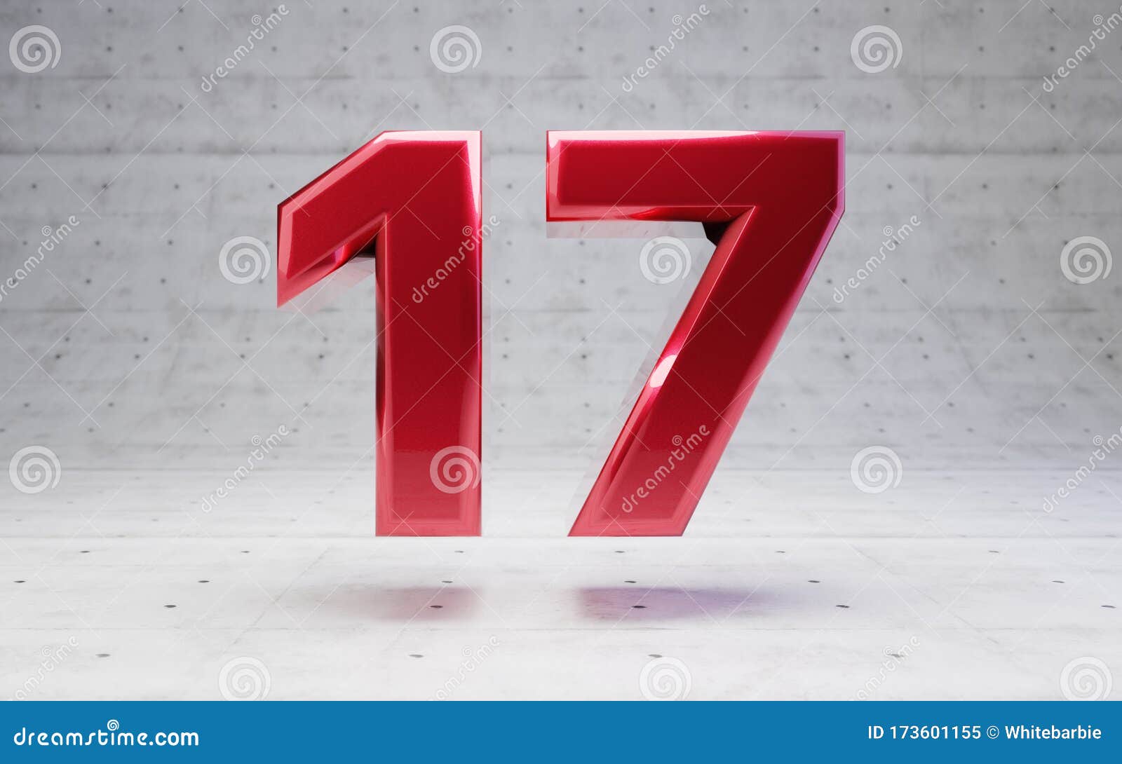 Red Number 17. Metallic Red Color Digit Isolated on Concrete Background ...