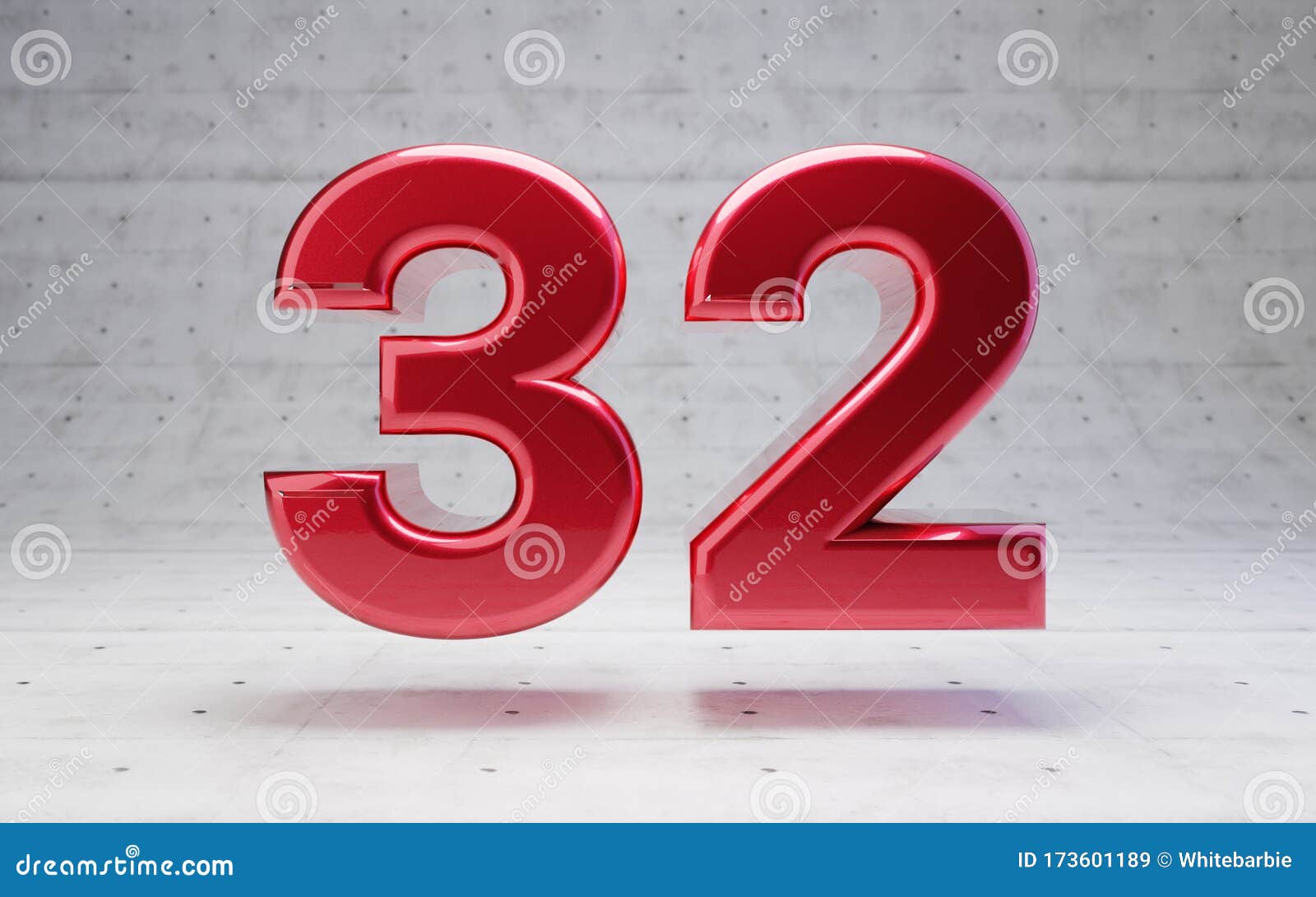 Red Number 32. Metallic Red Color Digit Isolated on Concrete Background ...
