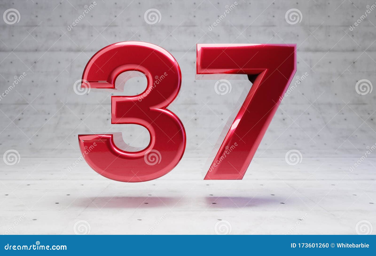 Red Number 37. Metallic Red Color Digit Isolated on Concrete Background ...