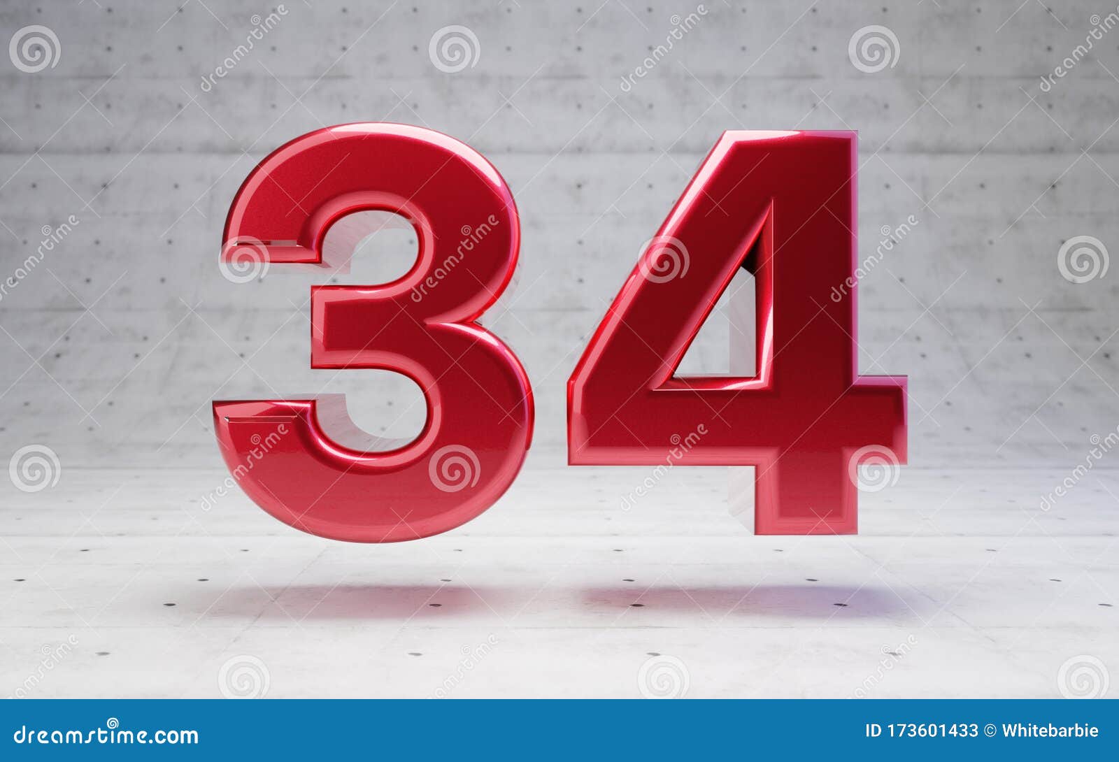 Red Number 34. Metallic Red Color Digit Isolated on Concrete Background ...