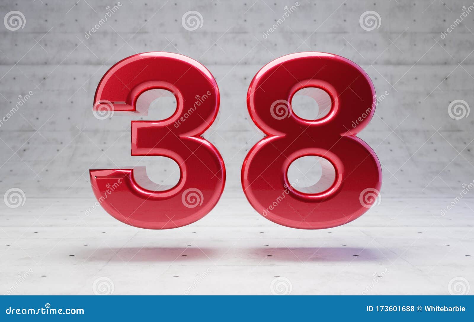 Red Number 38. Metallic Red Color Digit Isolated on Concrete Background ...