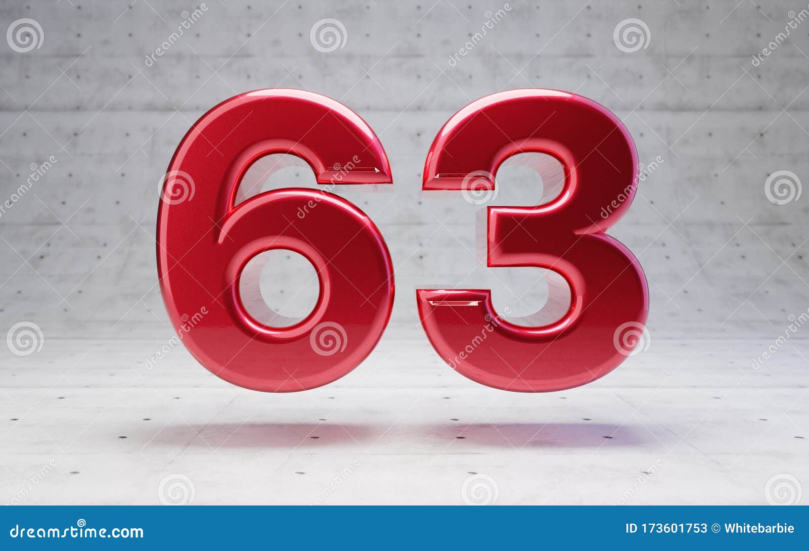 Red Number 63. Metallic Red Color Digit Isolated on Concrete Background ...