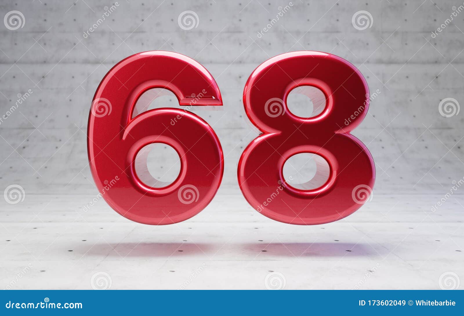 Red Number 68. Metallic Red Color Digit Isolated on Concrete Background ...