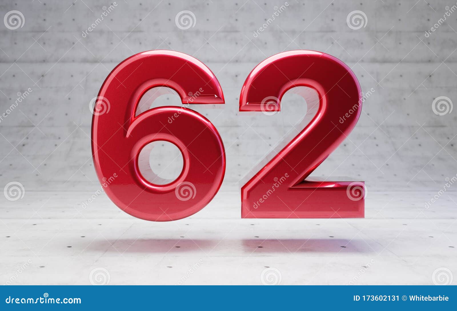 Red Number 62. Metallic Red Color Digit Isolated on Concrete Background ...