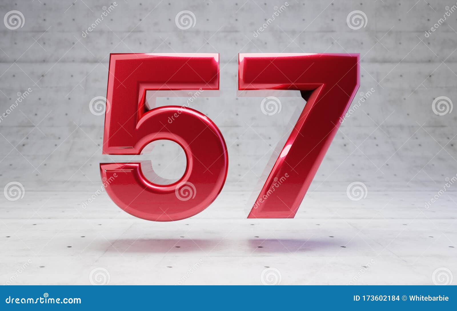 Red Number 57. Metallic Red Color Digit Isolated on Concrete Background ...