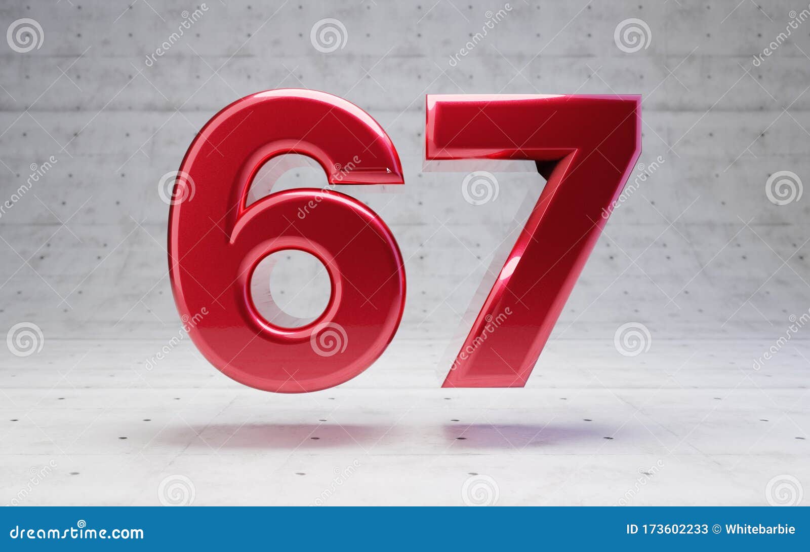 Red Number 67. Metallic Red Color Digit Isolated on Concrete Background ...
