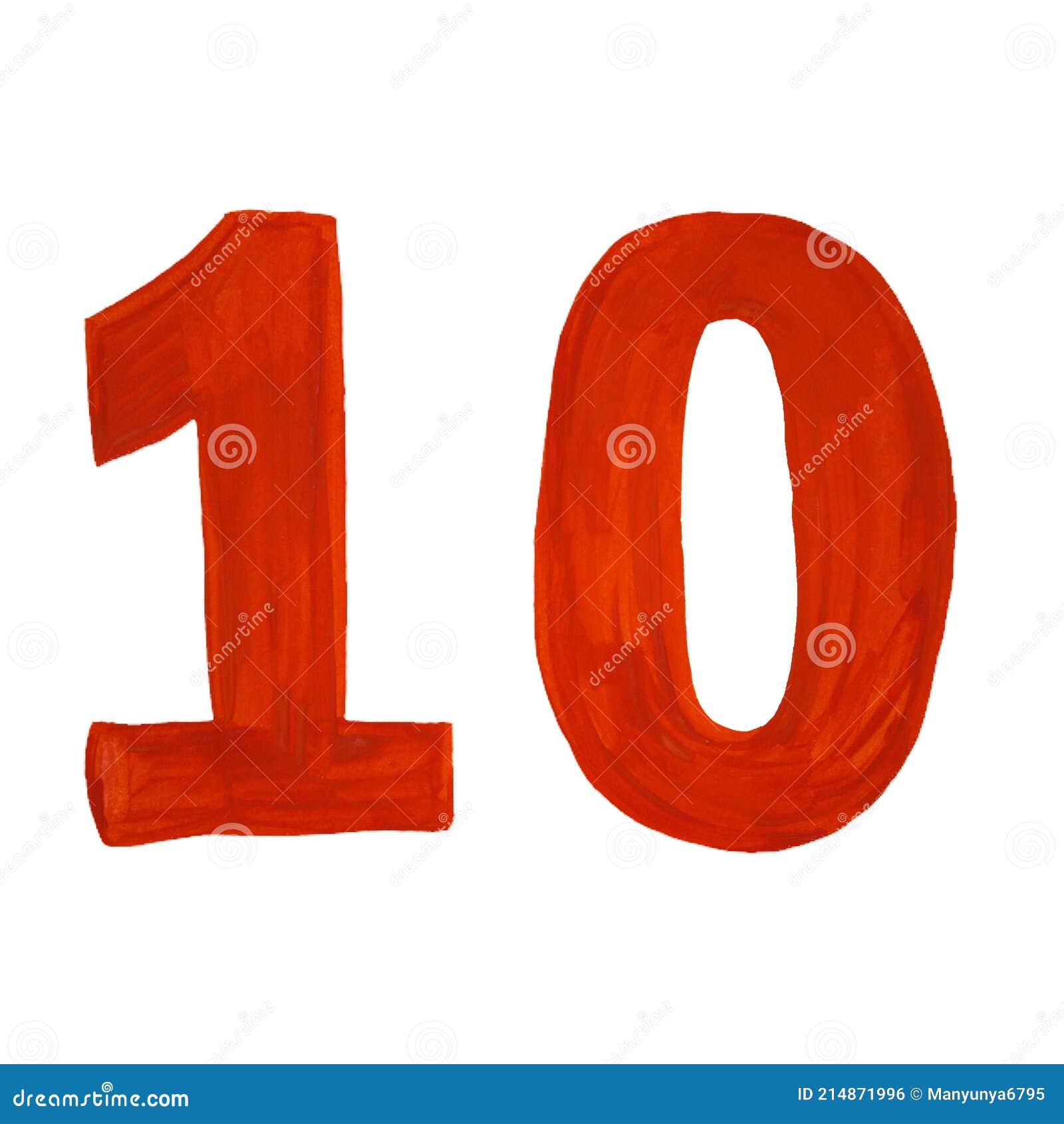Red Number Ten Drawn Gouache. Isolated on a White Background Stock ...