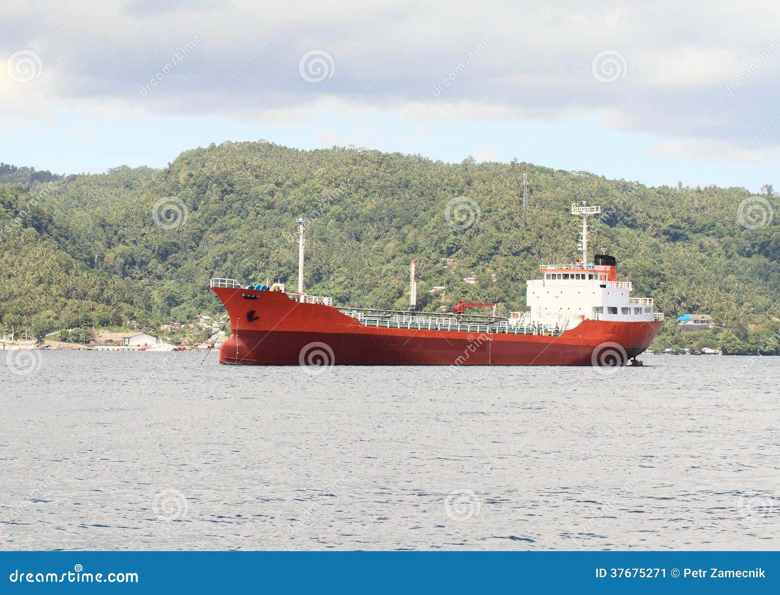 Red ocean ship stock image. Image of land, ship, water - 37675271
