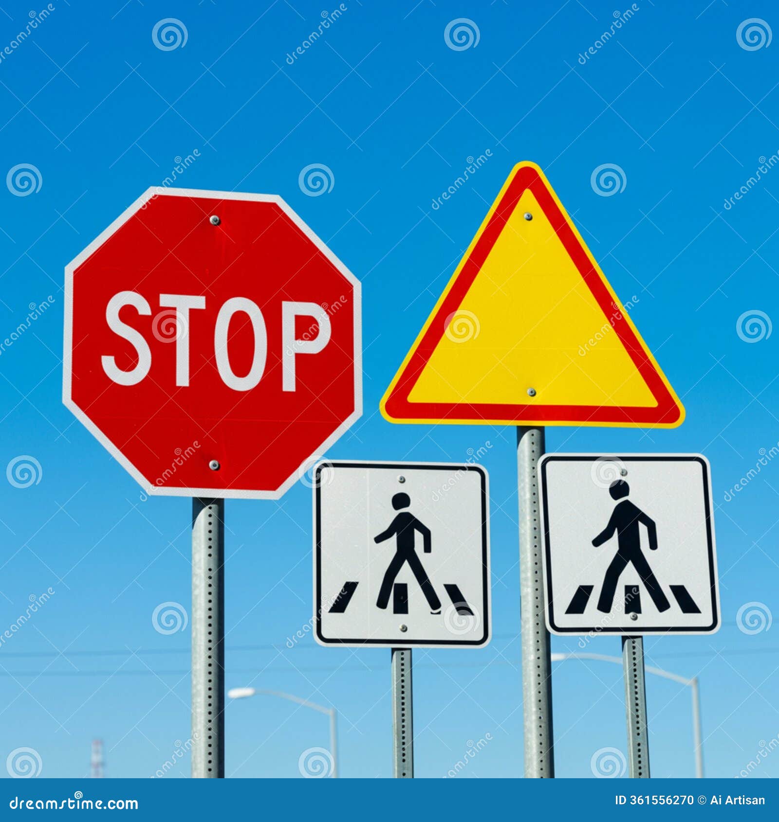 Red Octagonal Stop Sign, Yellow Triangular Warning Sign, and Two ...