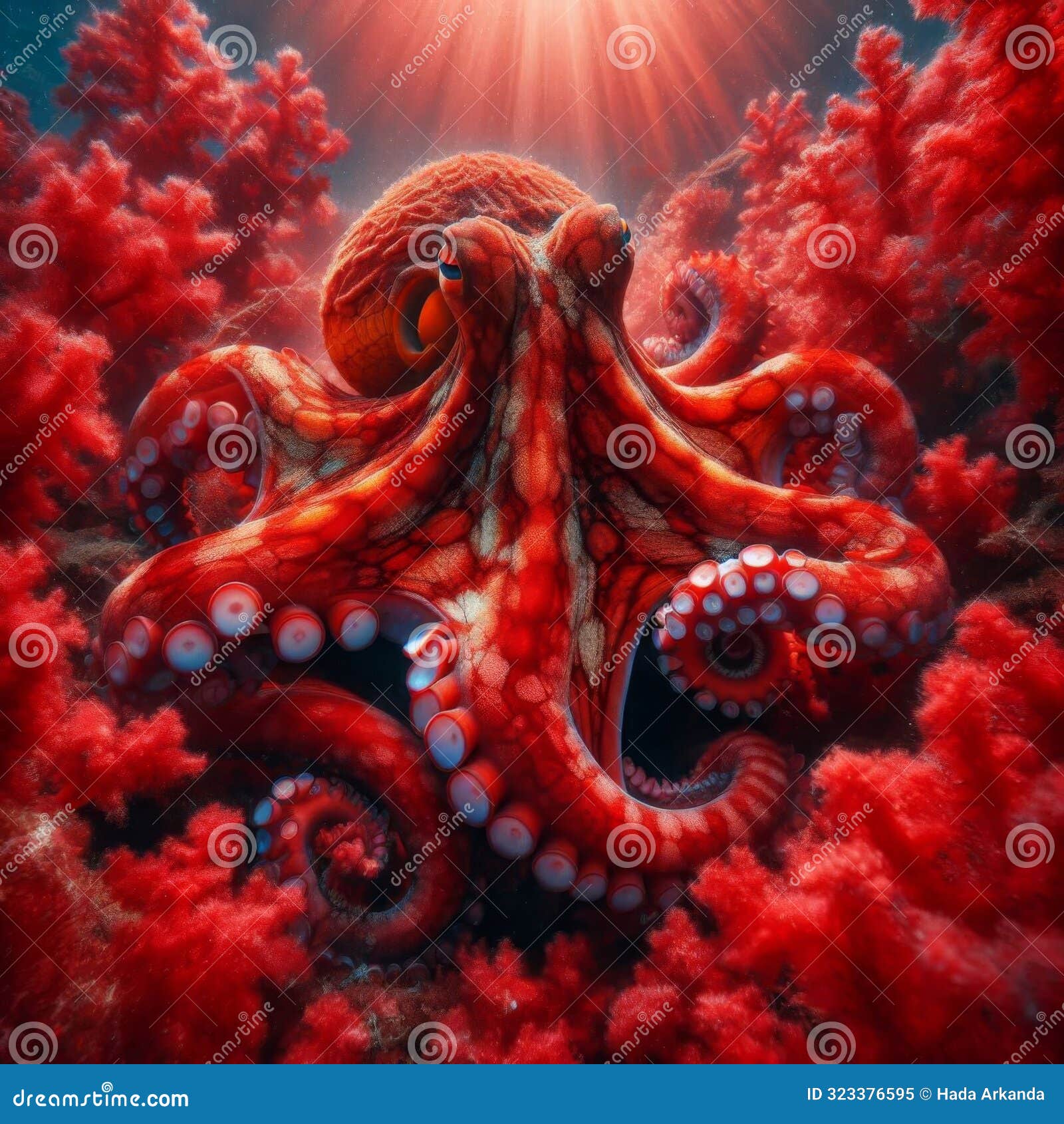 A Red Octopus Blending with Red Rocks Underwater Stock Illustration ...