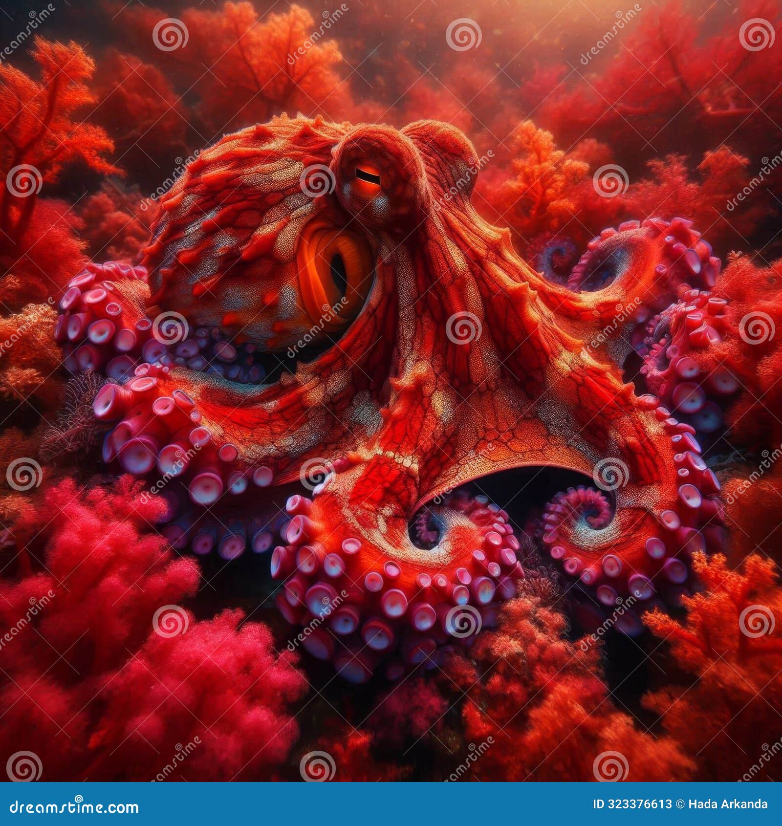 A Red Octopus Blending with Red Rocks Underwater Stock Illustration ...
