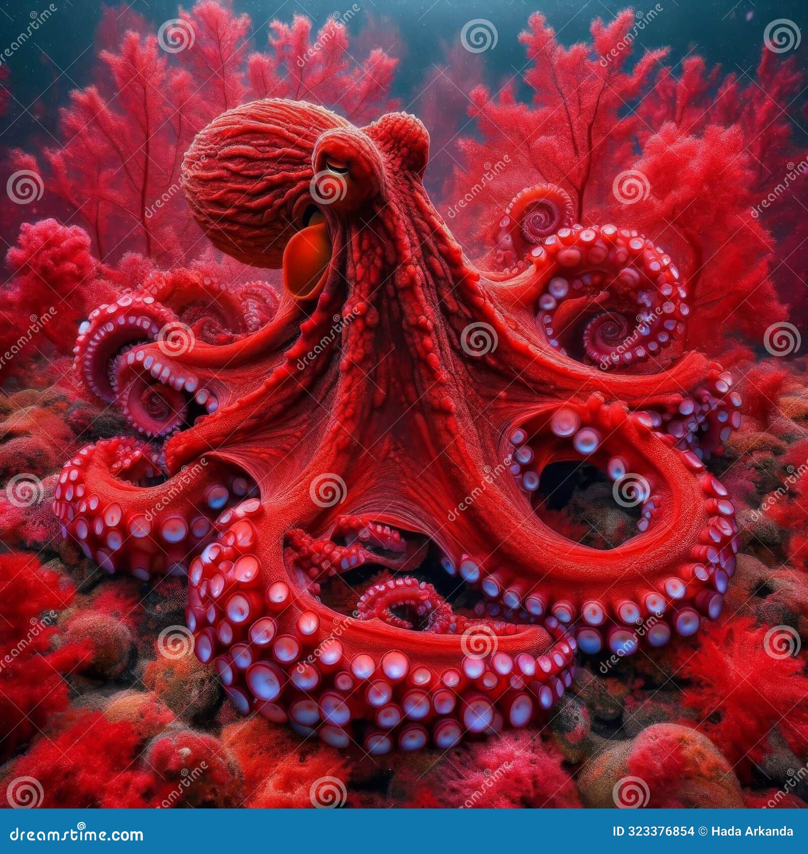 A Red Octopus Blending with Red Rocks Underwater Stock Illustration ...