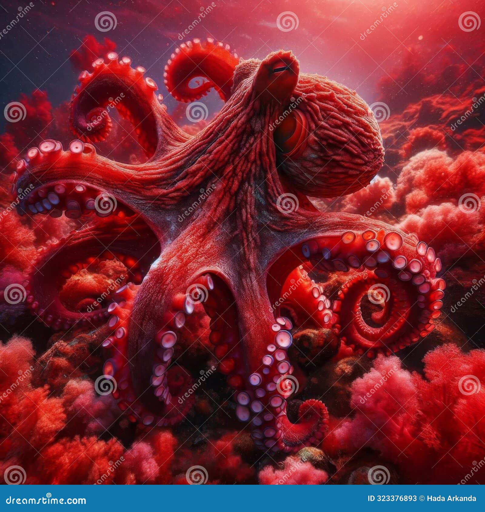 A Red Octopus Blending with Red Rocks Underwater Stock Illustration ...