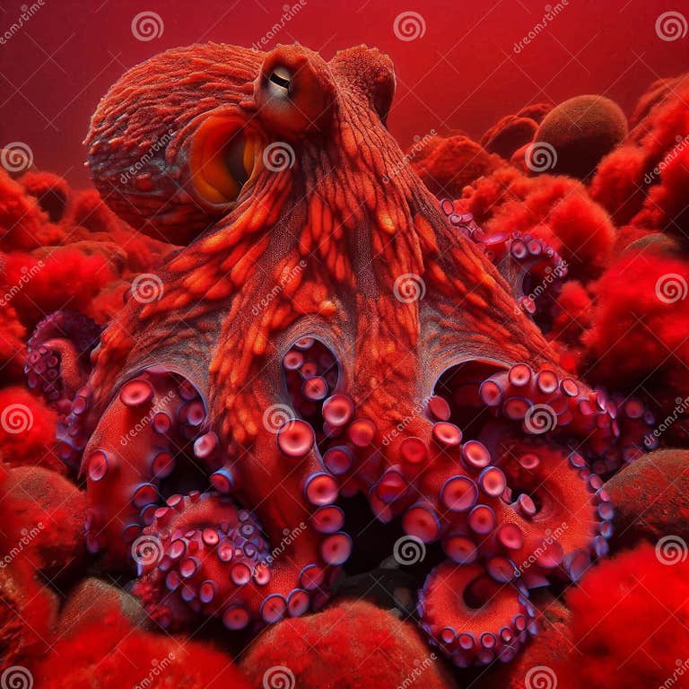 A Red Octopus Blending with Red Rocks Underwater Stock Illustration ...