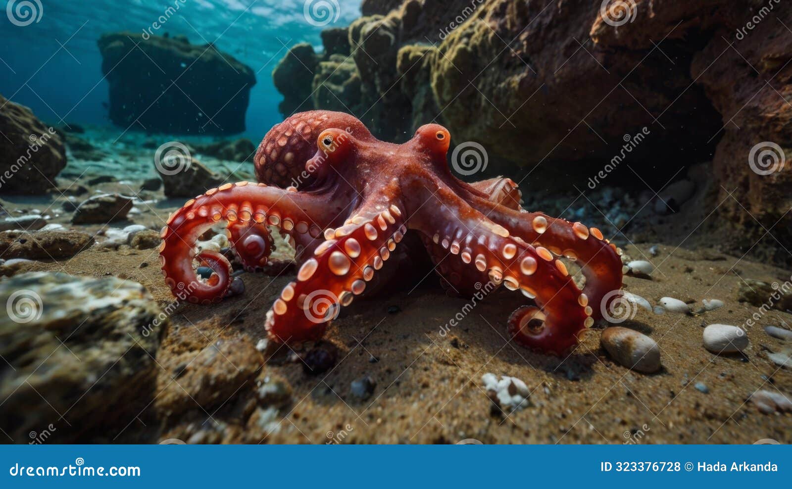 A Red Octopus Walking among the Rocks Underwater Stock Illustration ...