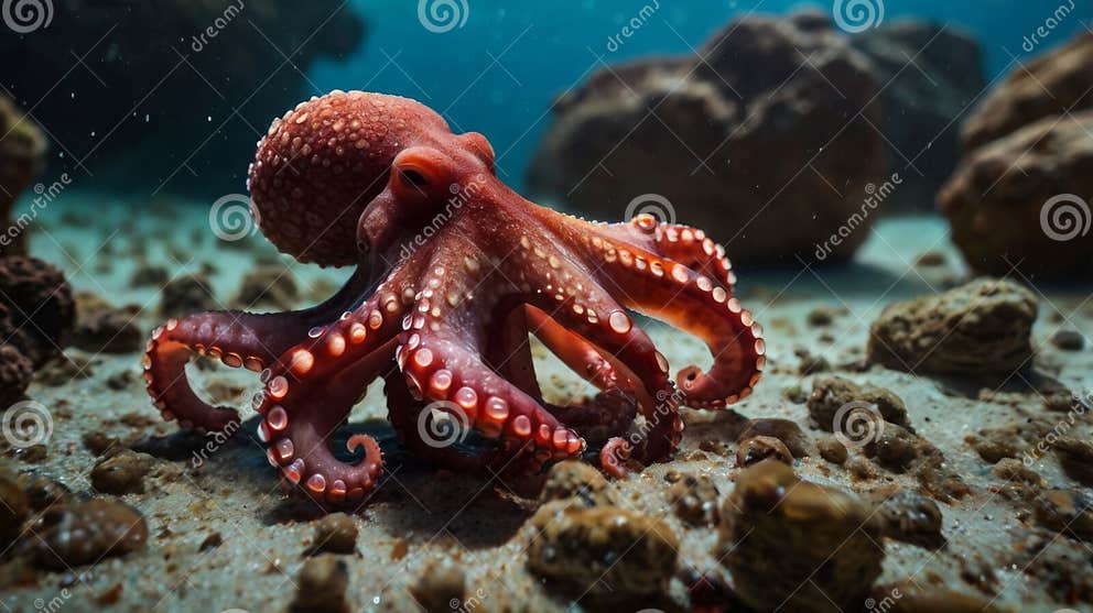 A Red Octopus Walking among the Rocks Underwater Stock Illustration ...