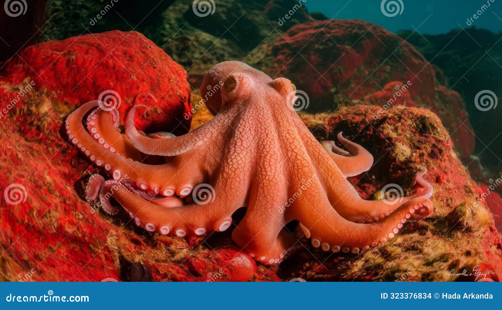 A Red Octopus Walking among the Rocks Underwater Stock Illustration ...