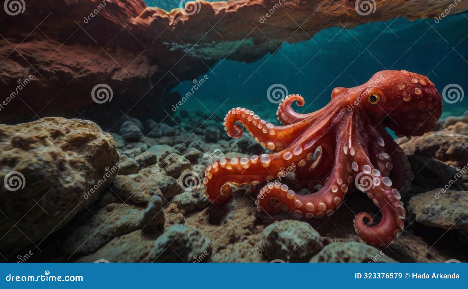 A Red Octopus Walking among the Rocks Underwater Stock Illustration ...