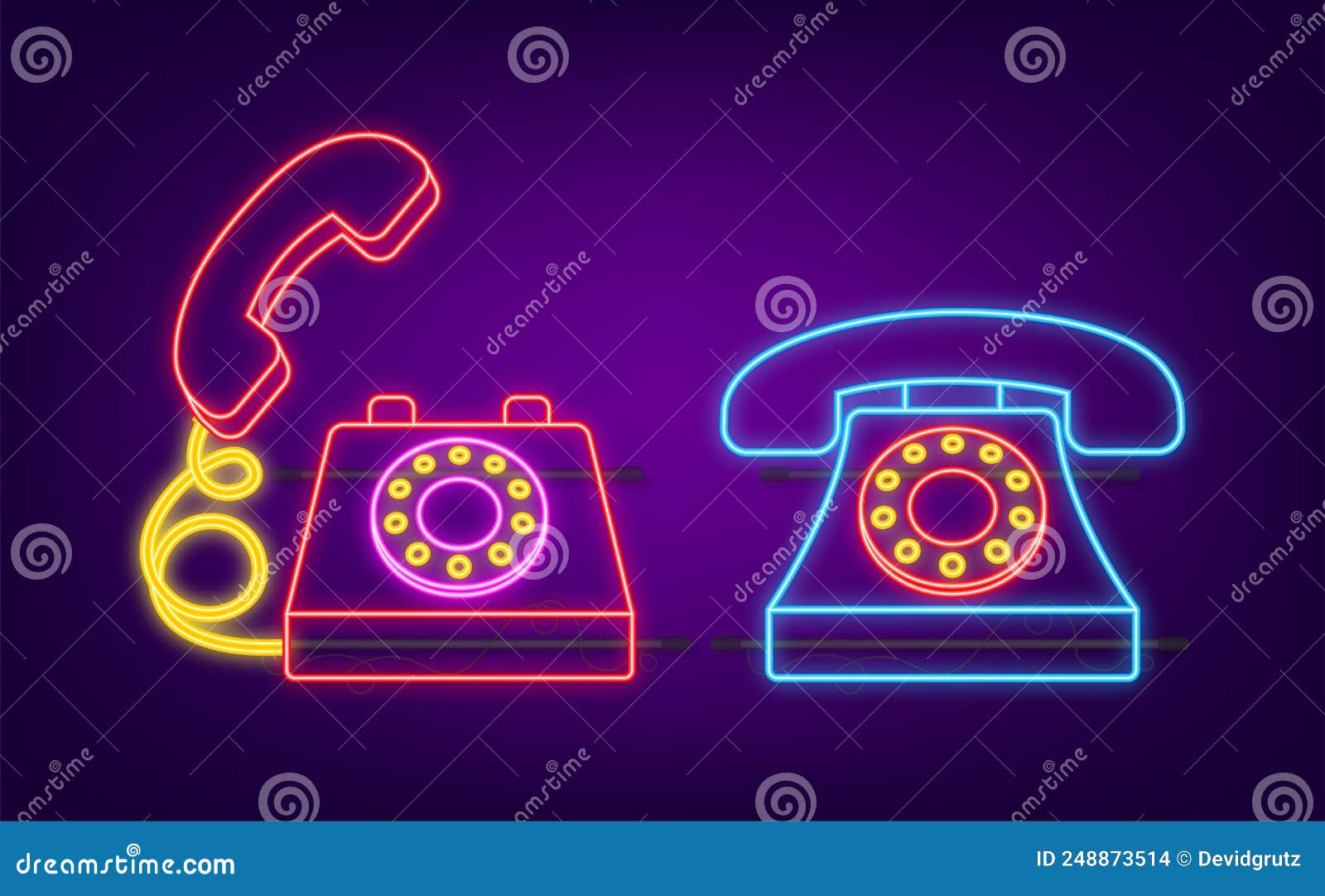 Red Old Phone in Classic Style on White Background. Neon Vector ...