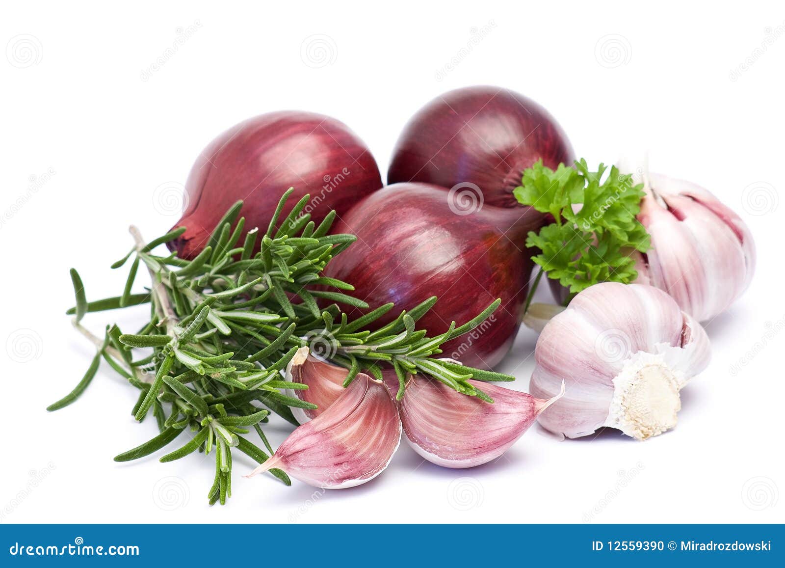 Red Onion, Garlic and Fresh Rosemary Stock Photo - Image of green ...