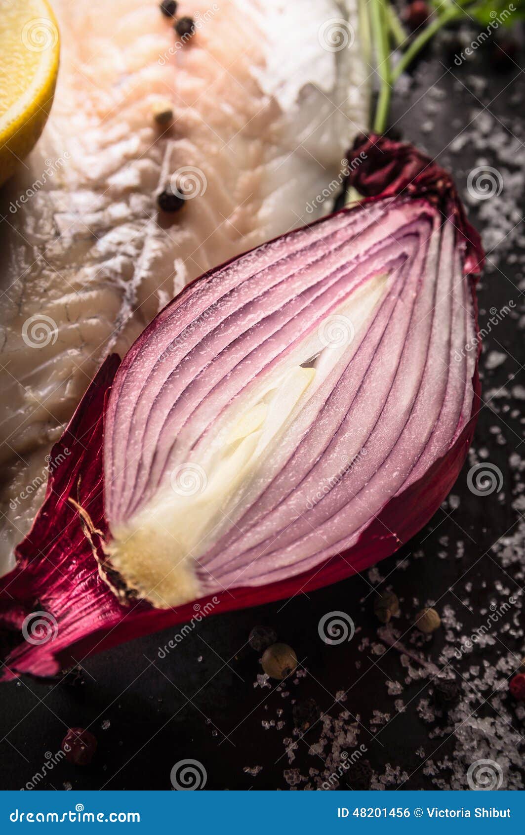 Red Onion Half on Raw Fish Fillet Stock Photo - Image of cooking, fresh ...