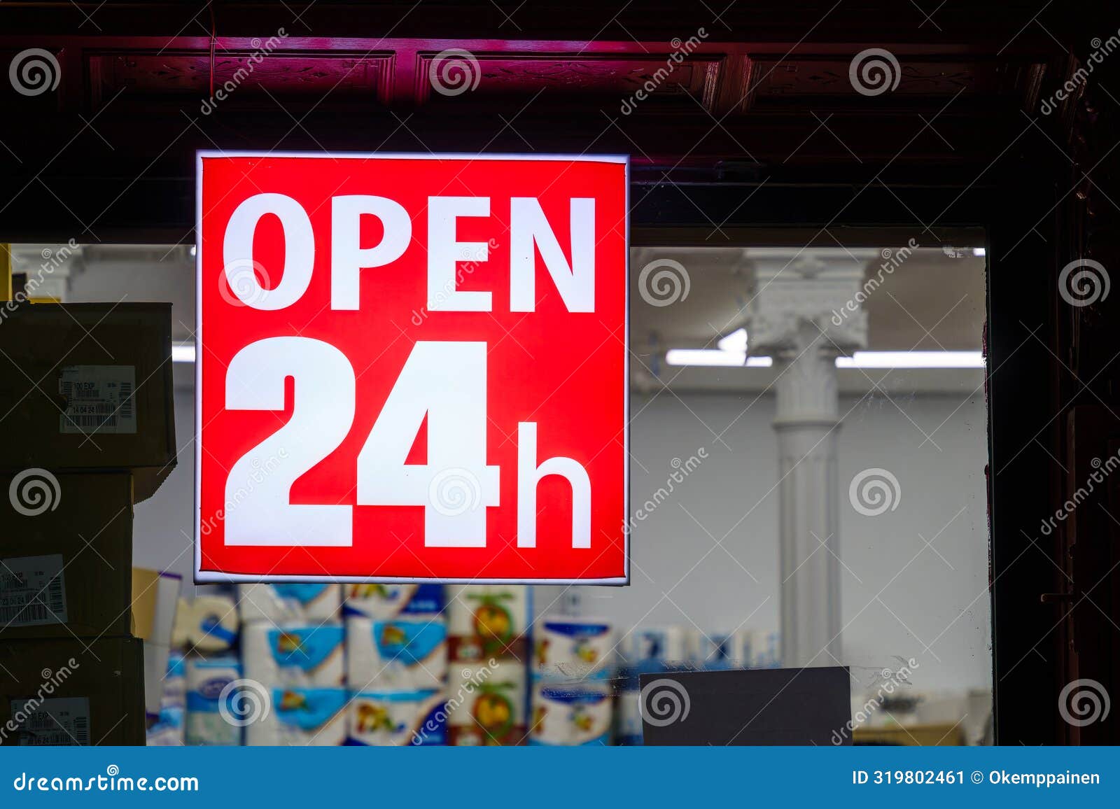 Red Open 24 Hours Sign Outside a Store Window Stock Image - Image of ...