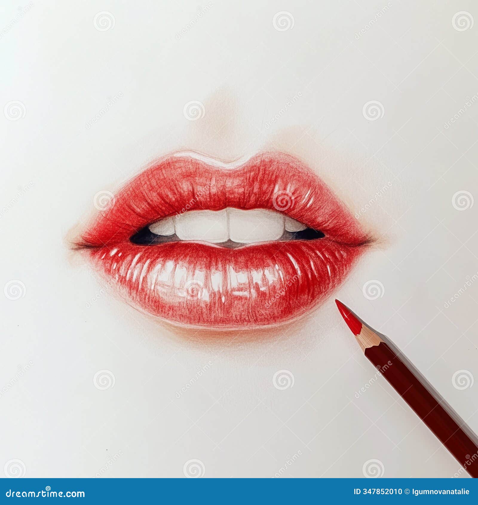 Red Open Lips with a Pencil on a White Background Illustration Stock ...