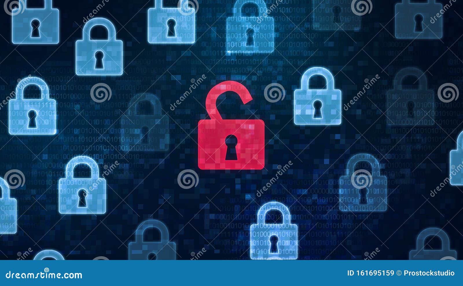 Red Open Padlock Icon among Closed Padlocks on Digital Screen Stock ...