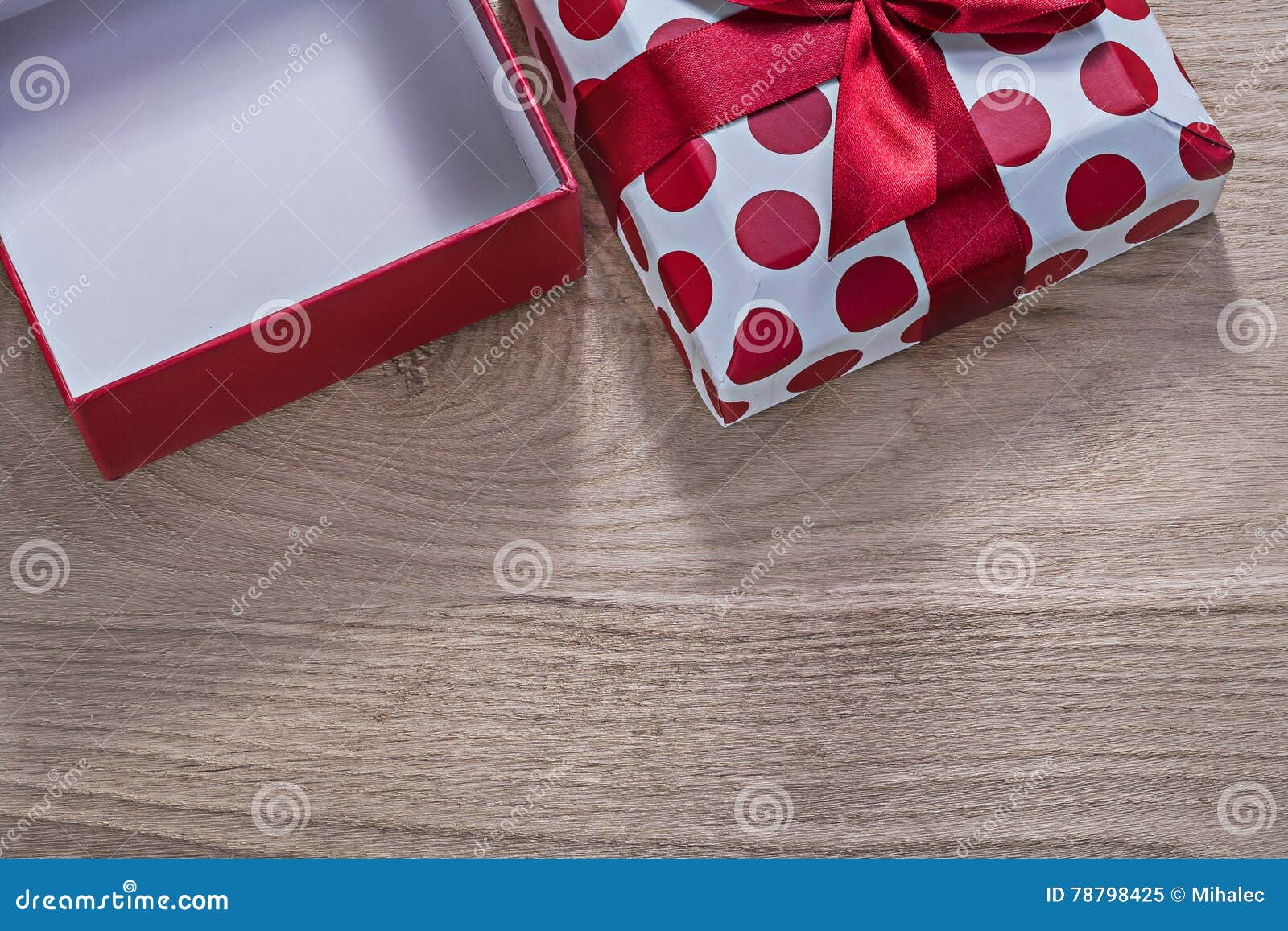Red Opened Gift Box on Wooden Board Horizontal Version Celebrati Stock ...