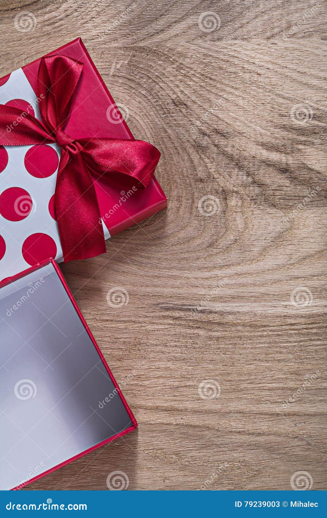 Red Opened Present Box with Bow on Wooden Board Celebrations Con Stock ...