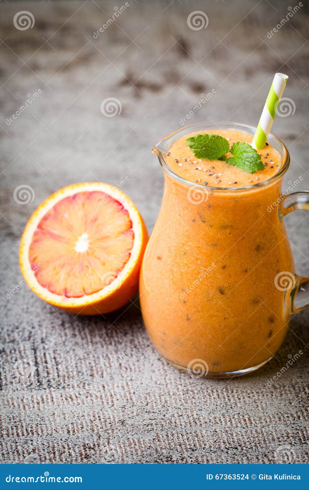 Red Orange Smoothie, Decor Mint Leaves. Stock Photo - Image of fruits ...