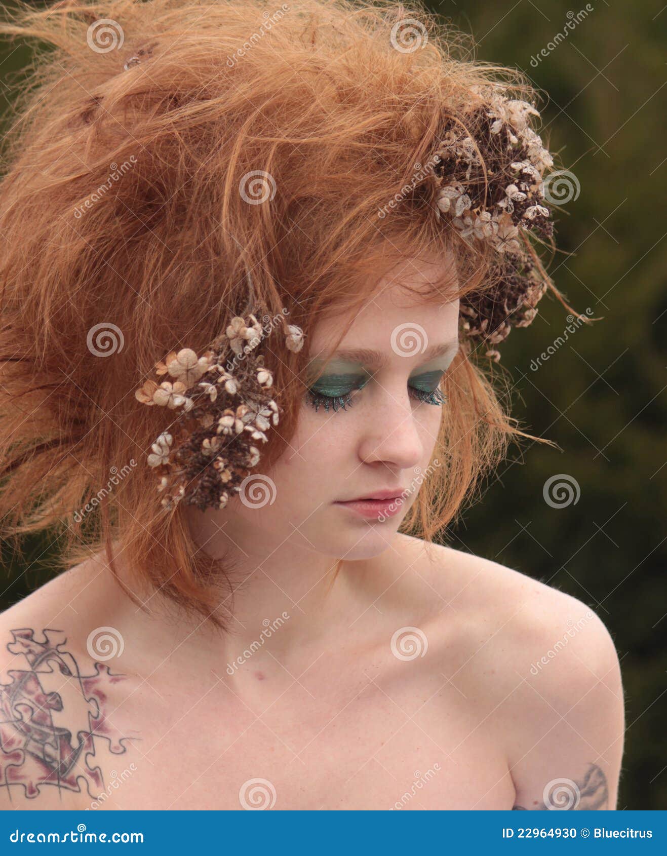 Red Orange Teased Hair with Dead Flowers Stock Photo - Image of puzzle ...