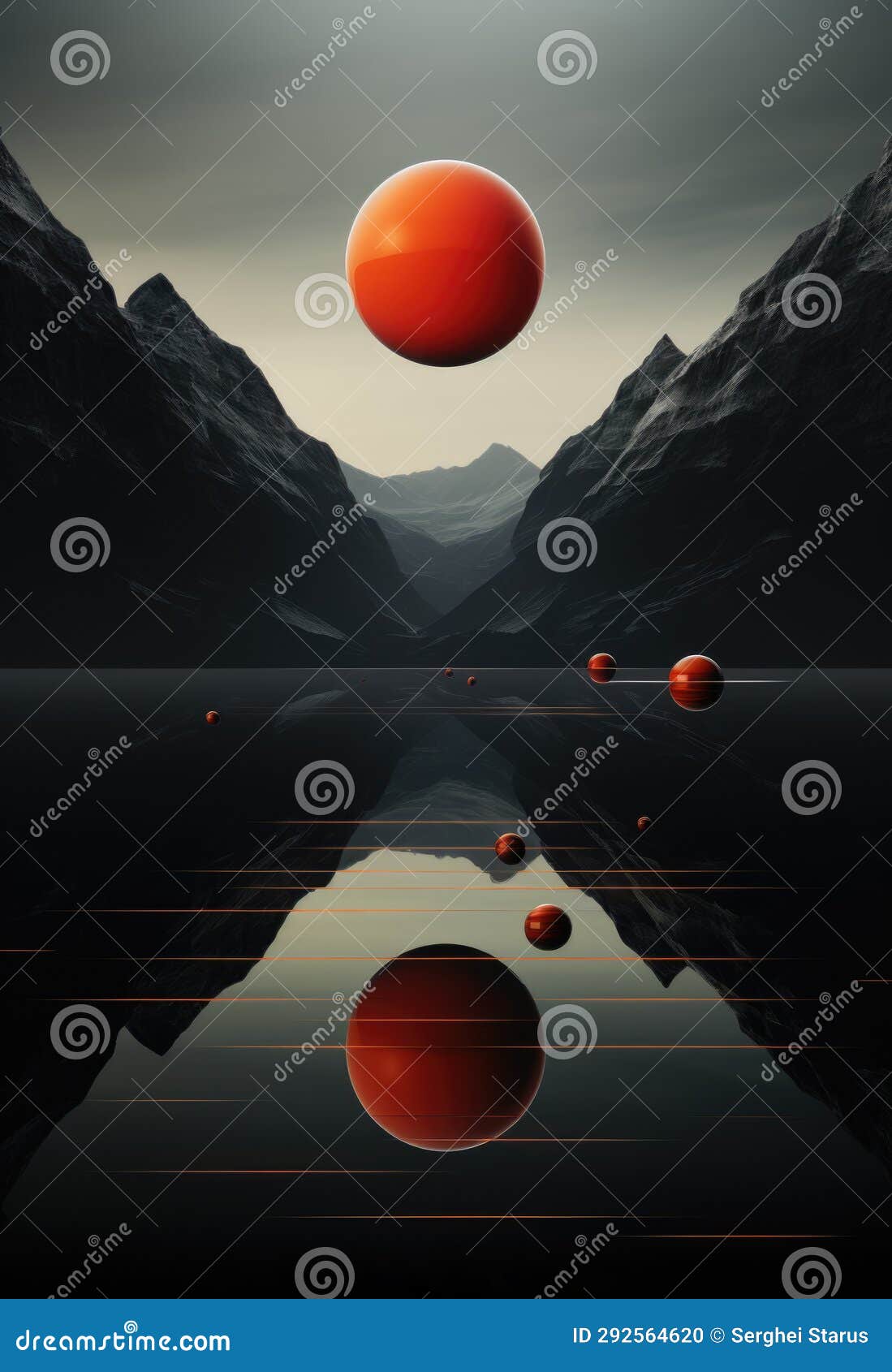 A Red Orb Floating in the Water with Mountains in the Background, AI ...