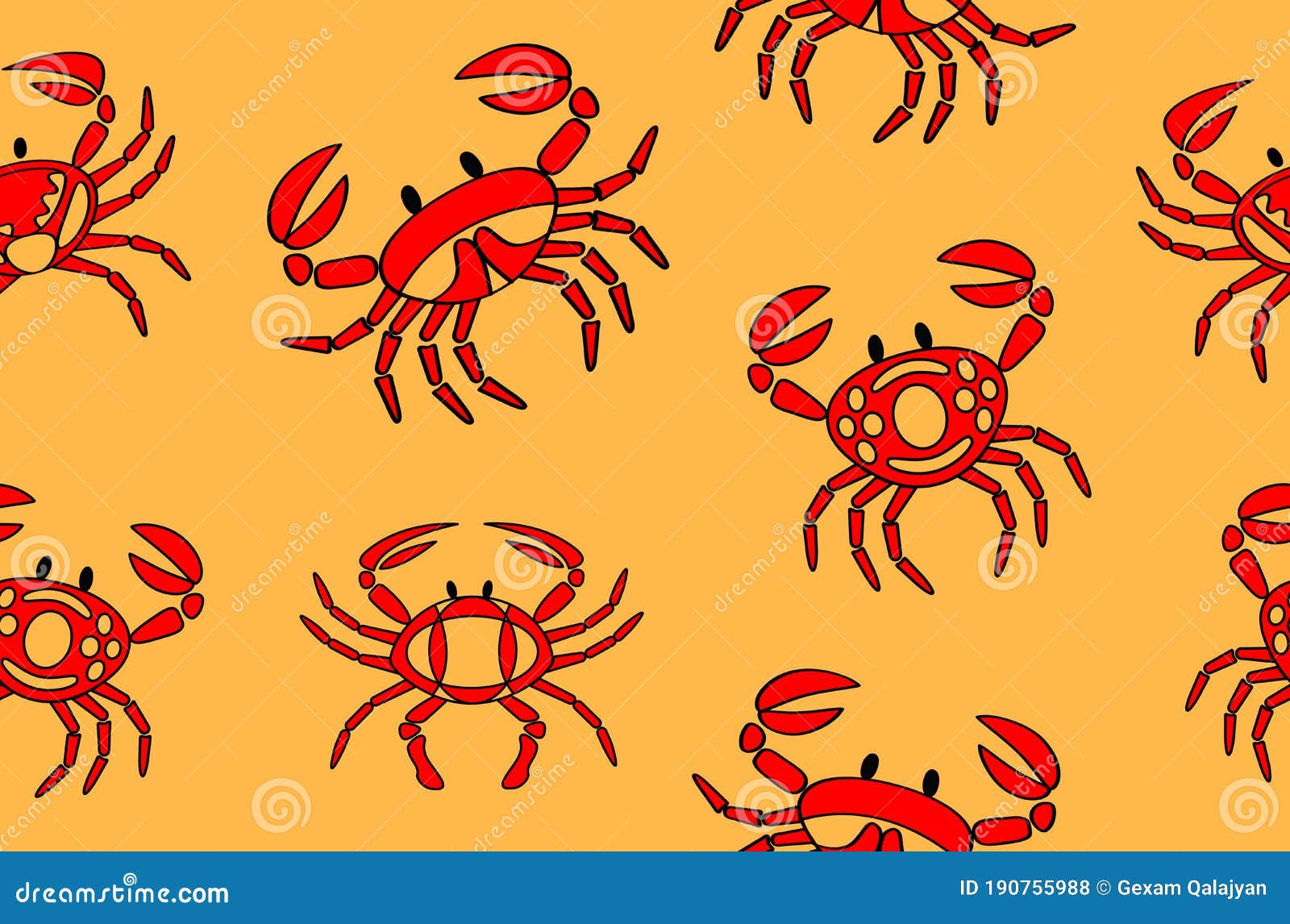 Red Outlined Colored Crabs Seamless Textile Pattern on White in ...