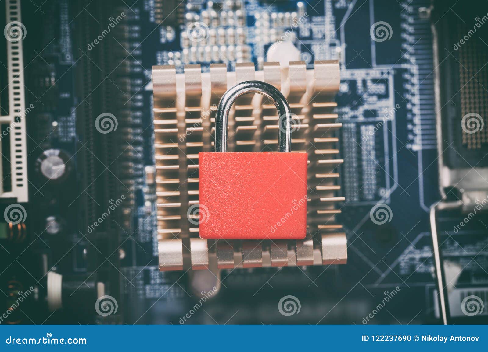 Red Padlock on Computer Motherboard Cooling Cpu Chip. Internet Data ...