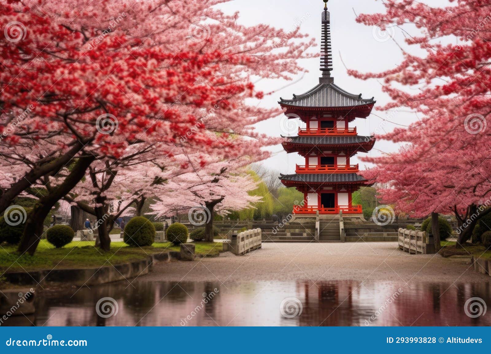 A Red Pagoda Surrounded by Cherry Blossom Trees Stock Photo - Image of ...