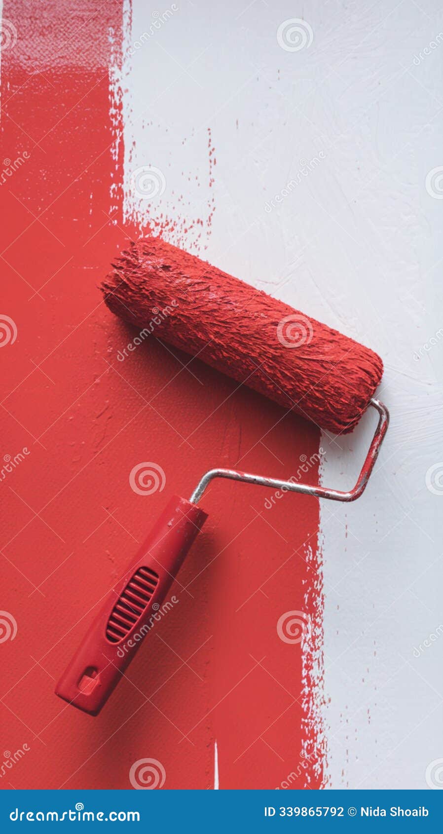 Red Paint Roller Applies Fresh Stroke on White Surface, Textured Handle ...