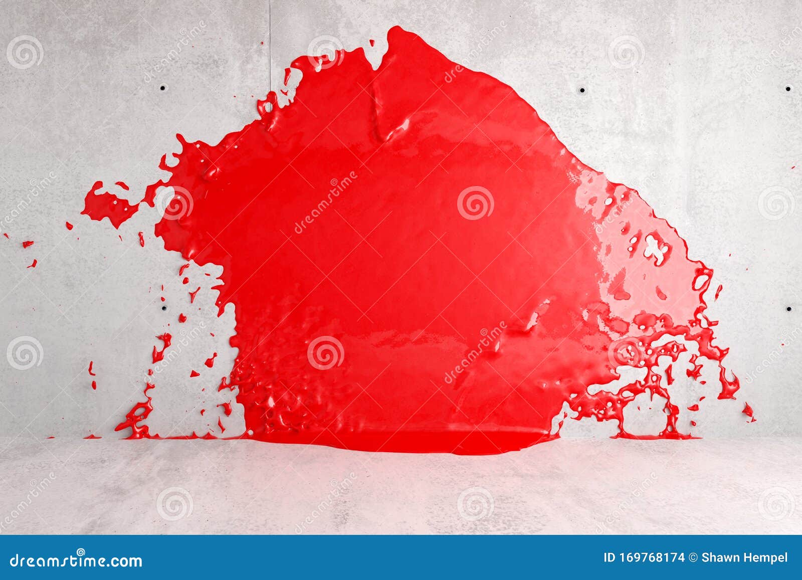 Red Paint Splash on Abstract Empty, Modern Concrete Room Wall with Copy ...