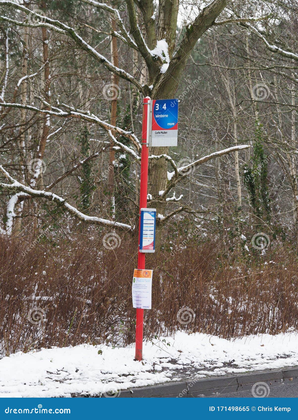 A Red Painted Bus Stop Pole and Flag in the Snow Stock Image - Image of ...