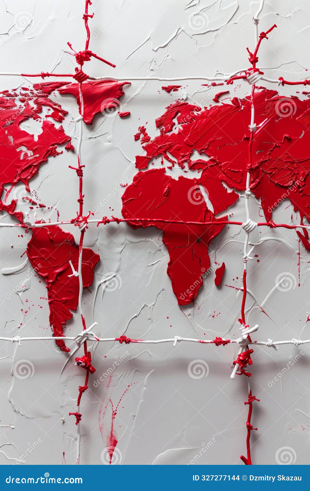 A World Divided: Red Paint and Barbed Wire Depict a Fragmented Globe ...