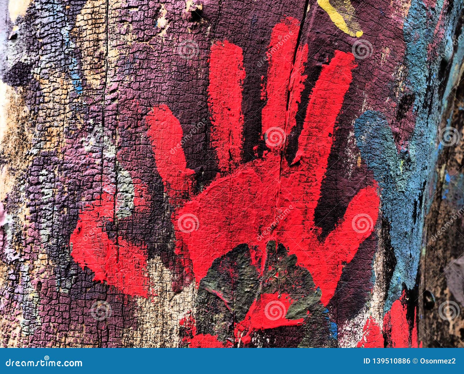 Red Painting Made with Handprint on Tree Stock Photo - Image of natural ...
