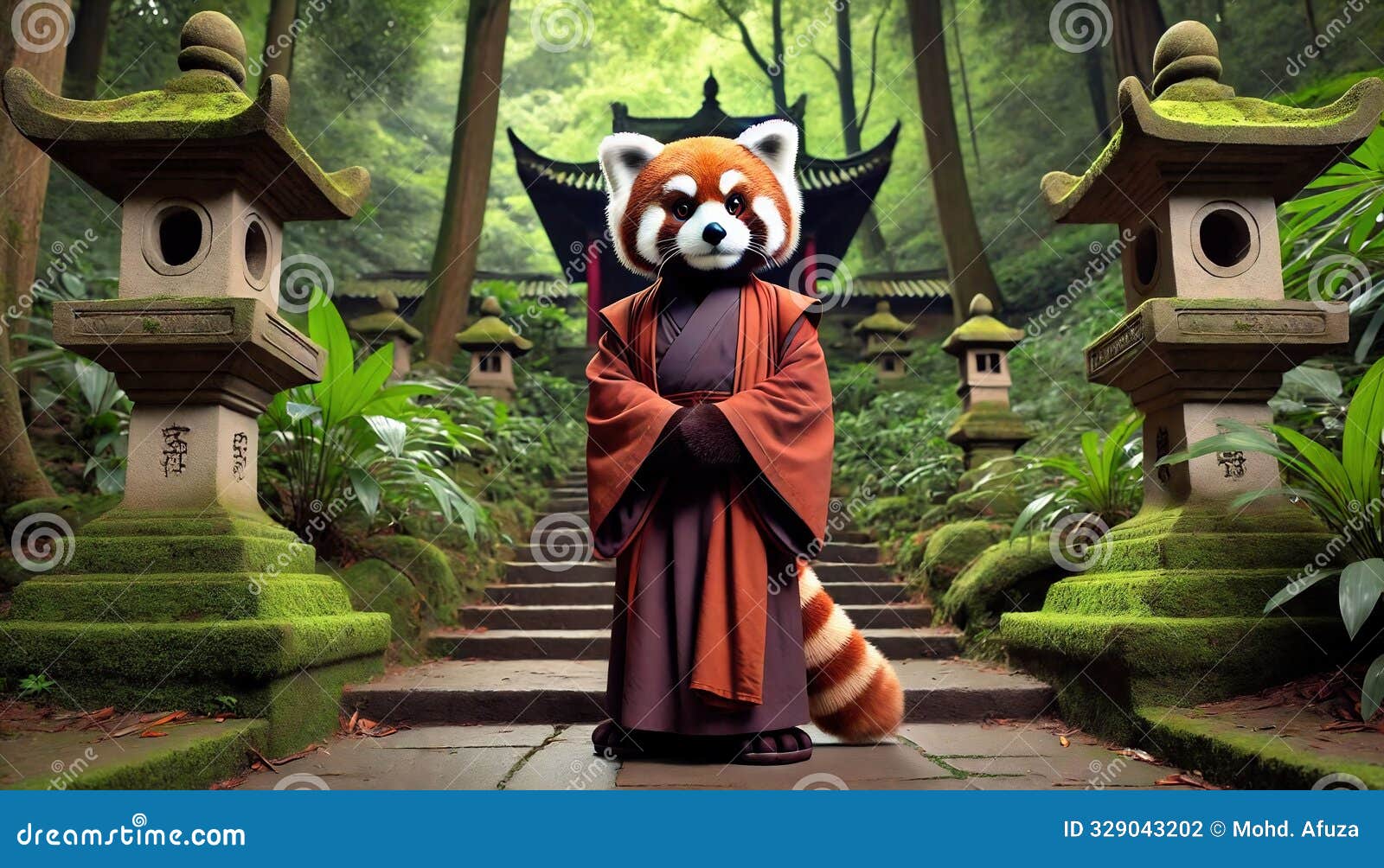 Red Panda Monk in a Forest Shrine Setting Stock Illustration ...