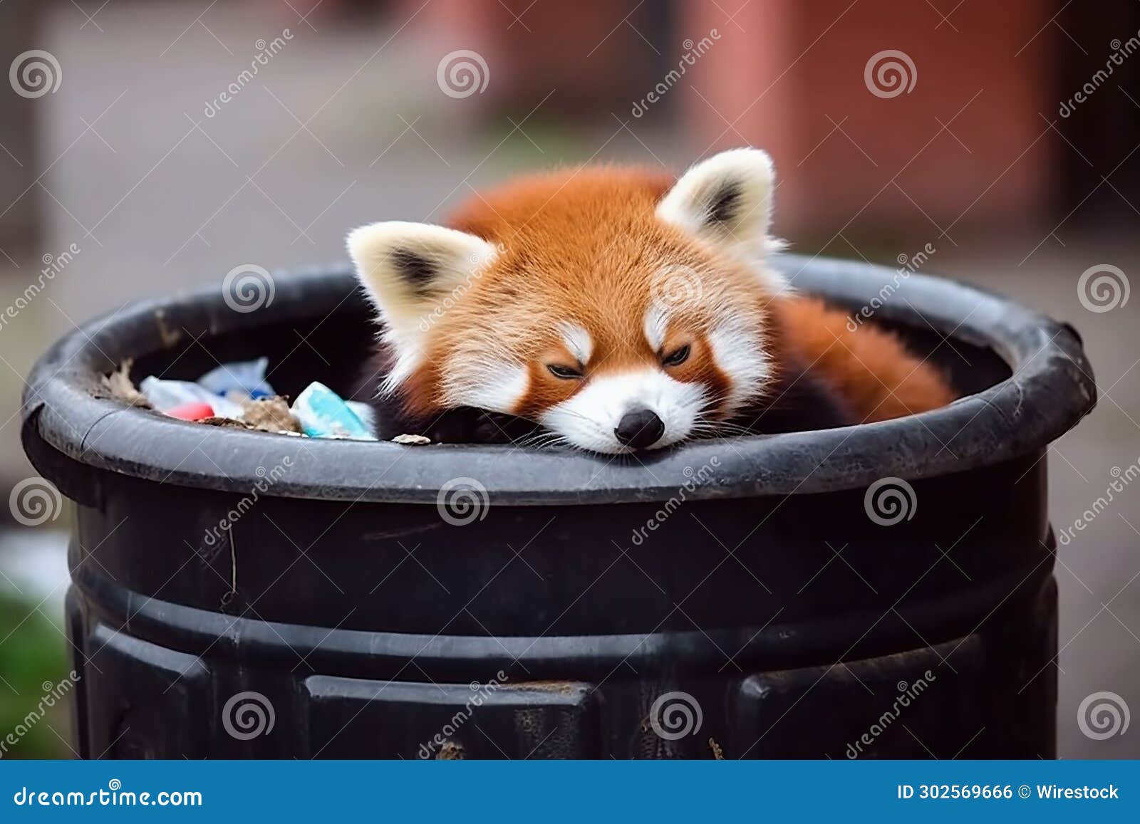 Red Panda Perched in a Black Trash Can. Pollution, Habitat Loss. AI ...