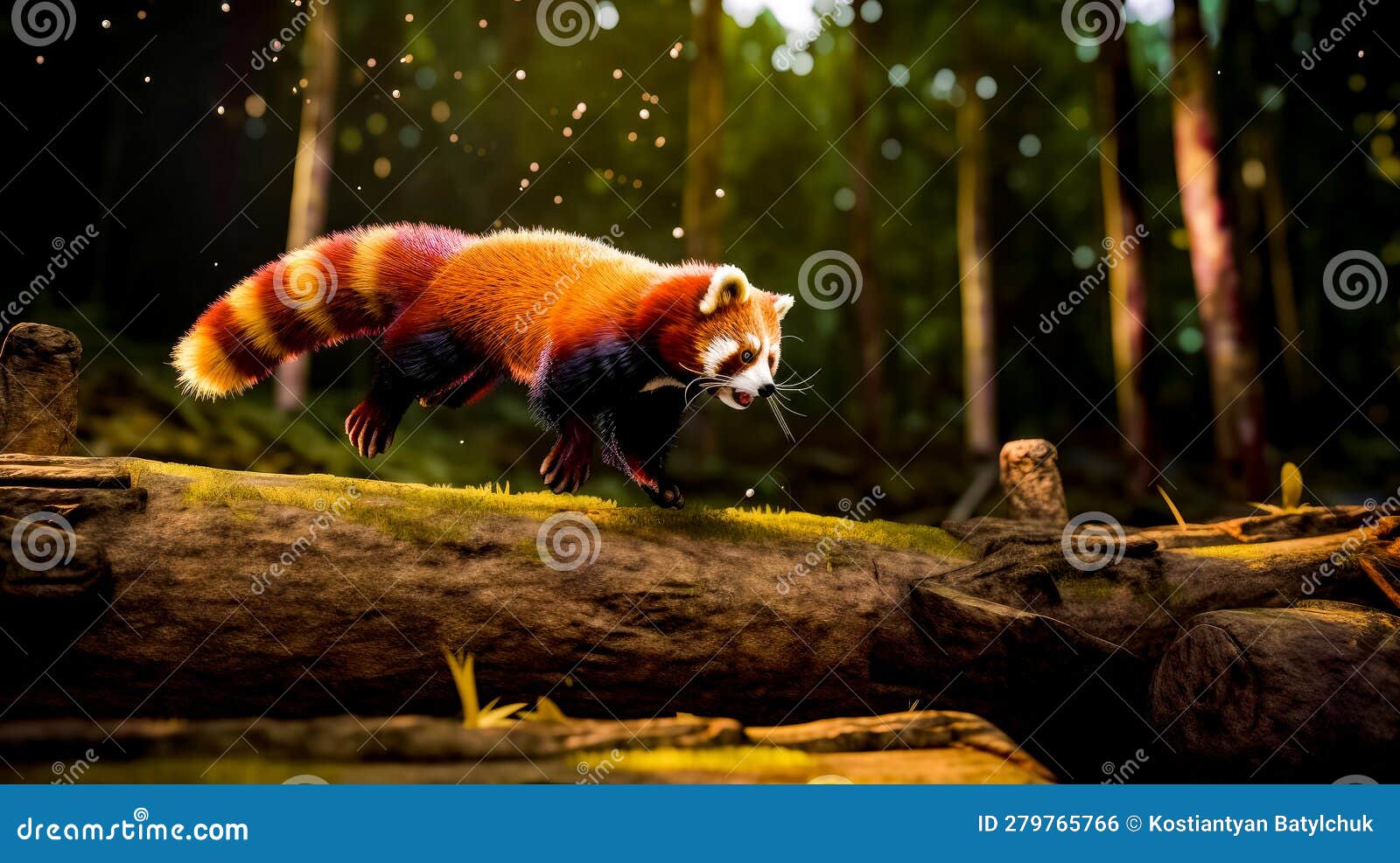 Red Panda Running Across Log in Forest with Trees in the Background ...
