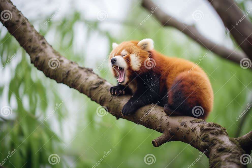 Red Panda Yawning on a Tree Limb Stock Image - Image of arboreal ...