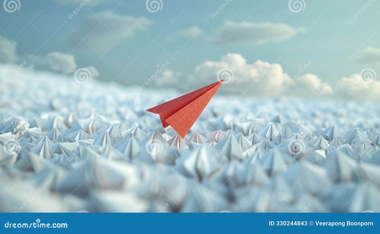 Red Paper Plane Elevating Over White Group, Birdseye Perspective, Clear ...