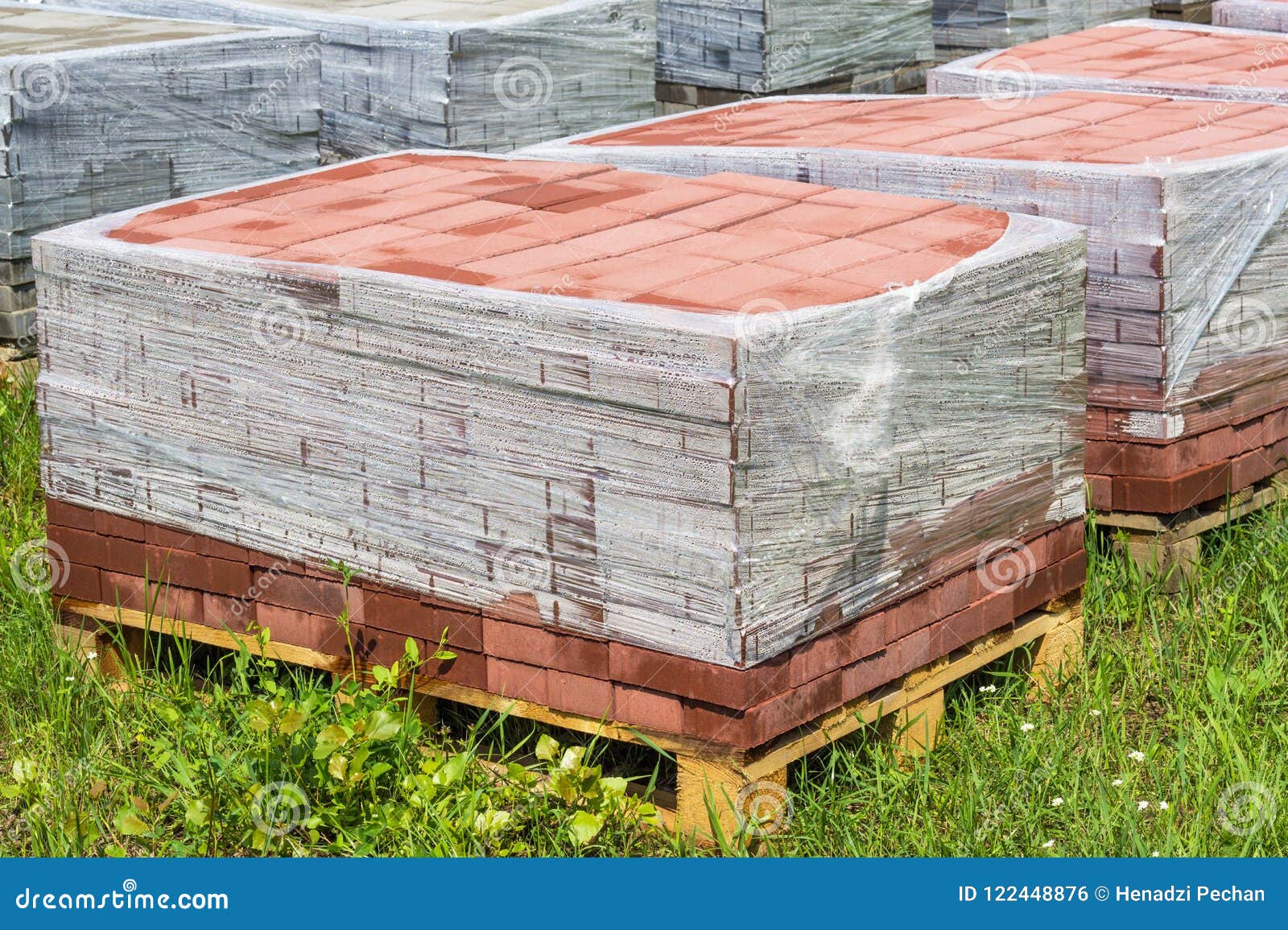 Red Paving Slab on Pallets, Red Paving Brick Stock Photo - Image of ...